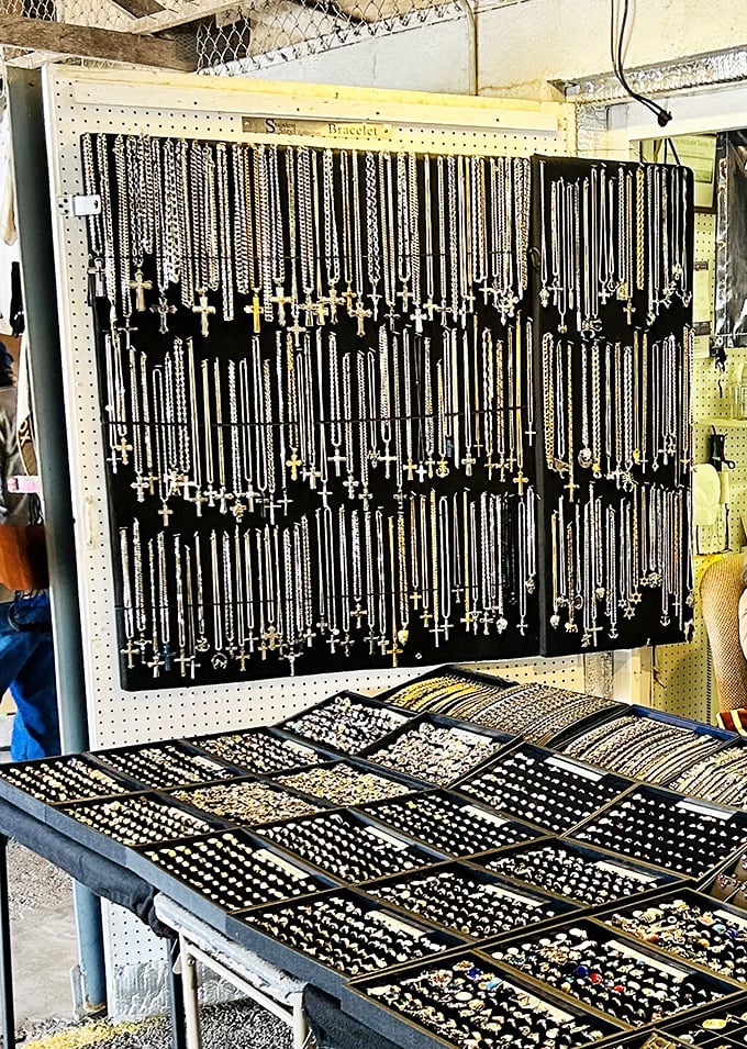 Cross necklaces hanging like spiritual wind chimes. Faith and fashion intertwined in a display that would make any grandmother nod approvingly.