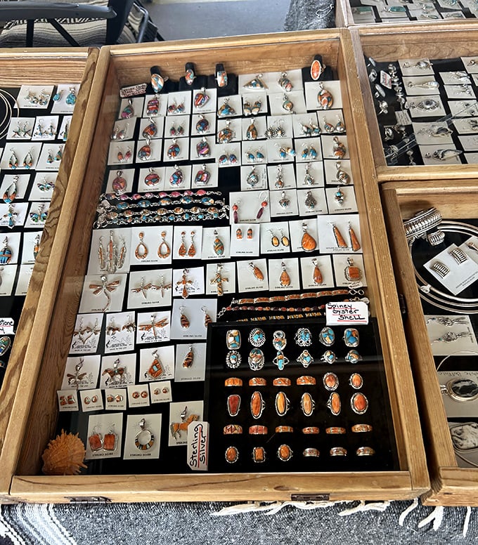 Treasure hunting at its finest! This dazzling display of Southwestern-inspired jewelry offers everything from delicate dragonflies to bold turquoise statement pieces.