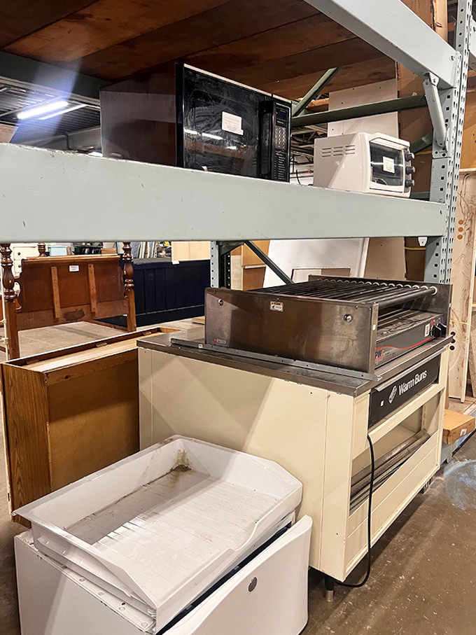 Kitchen appliances in various states of retirement, ready for second acts in homes where vintage is considered a virtue.