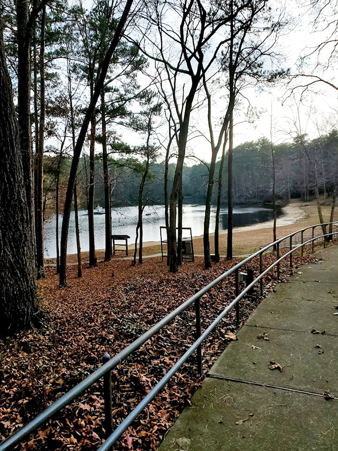 The path to the lake looks like something Bob Ross would paint, happy little trees and all.