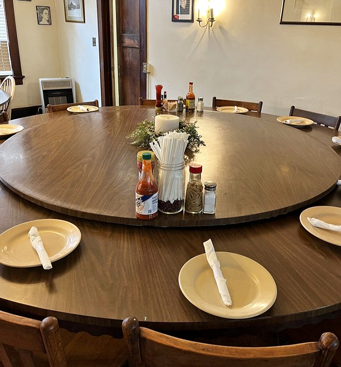 The lazy Susan waits patiently for its daily transformation. Those condiments in the center will soon be surrounded by a carousel of Southern delights.