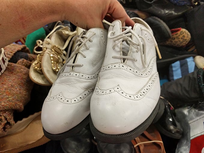 White wingtips waiting for their Fred Astaire moment. These classic leather shoes just need a little polish to dance again.