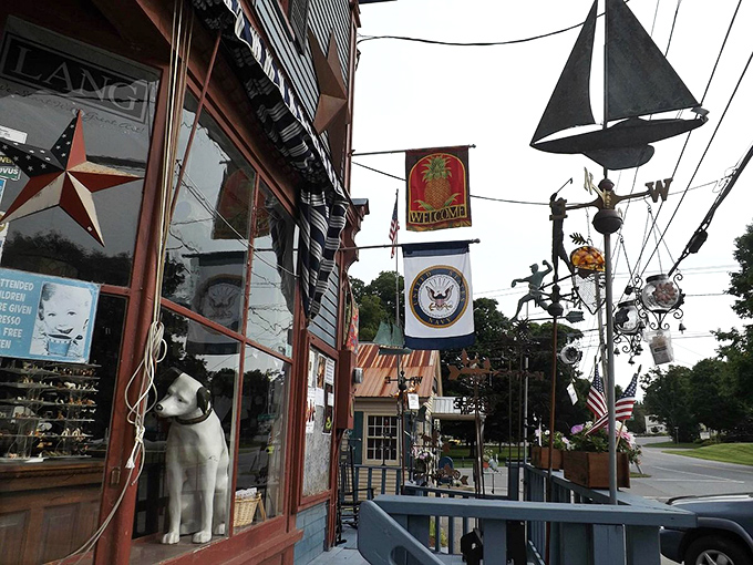 Where else but Vermont would store displays spill onto porches with nautical weathervanes and folk art competing for your attention?