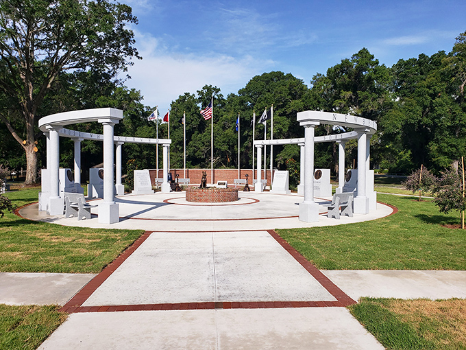 Lois Forte Park's elegant memorial pavilion honors service with dignity, creating a contemplative space where respect and remembrance flow naturally.