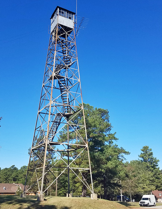 This fire tower stands like a sentinel from another era, offering views that no drone footage could ever truly capture.
