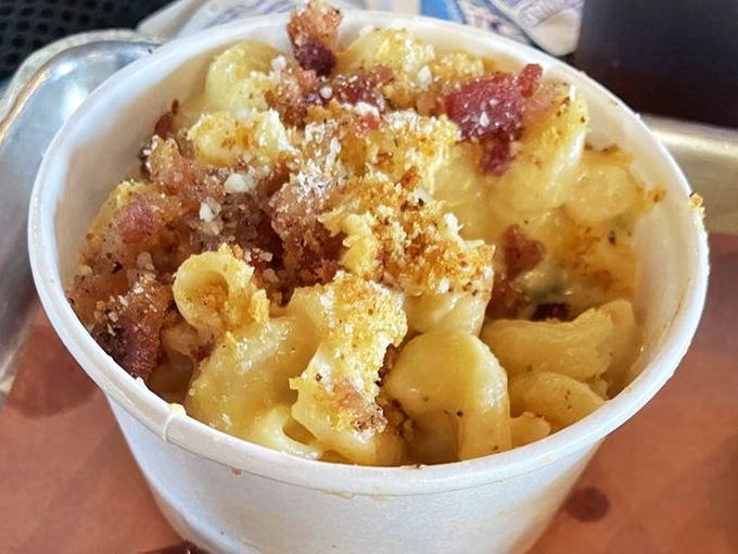 Mac and cheese with bacon crumbles&mdash;because sometimes comfort food needs its own comfort food.