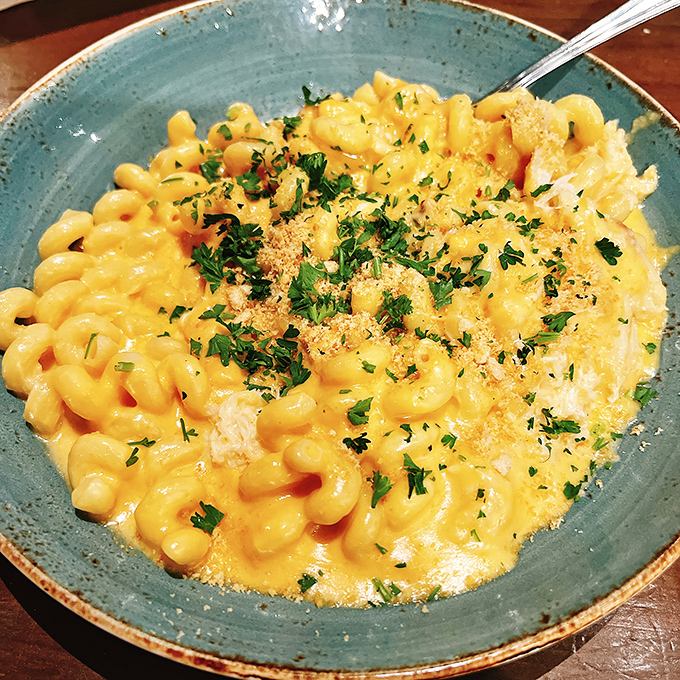 Mac and cheese gets the maritime treatment with a creamy sauce that hugs each pasta curve, topped with fresh herbs that cut through the richness.