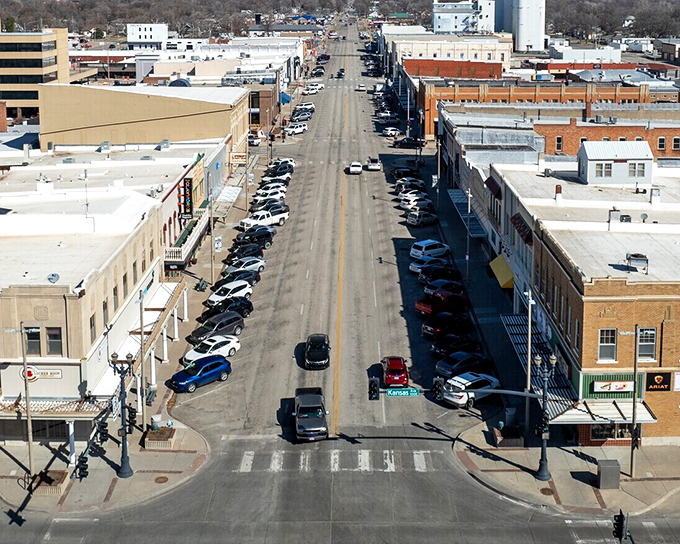 Another angle of Main Street reveals the practical magic of small-town planning&mdash;ample parking, walkable sidewalks, and businesses that face each other like old friends.