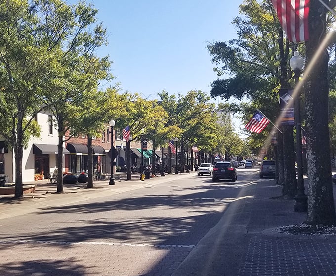 American flags line this charming shopping district where small businesses thrive and window shopping doesn't trigger credit card alerts.