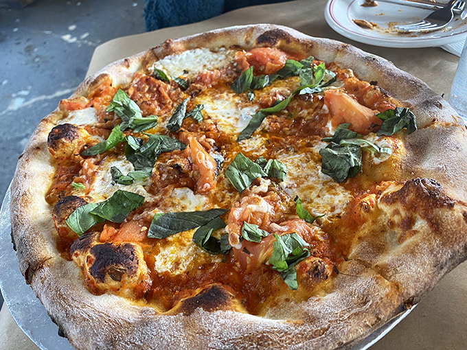 Coal-fired pizza with fresh basil and bubbled crust that would make any pizzeria in any state jealous.