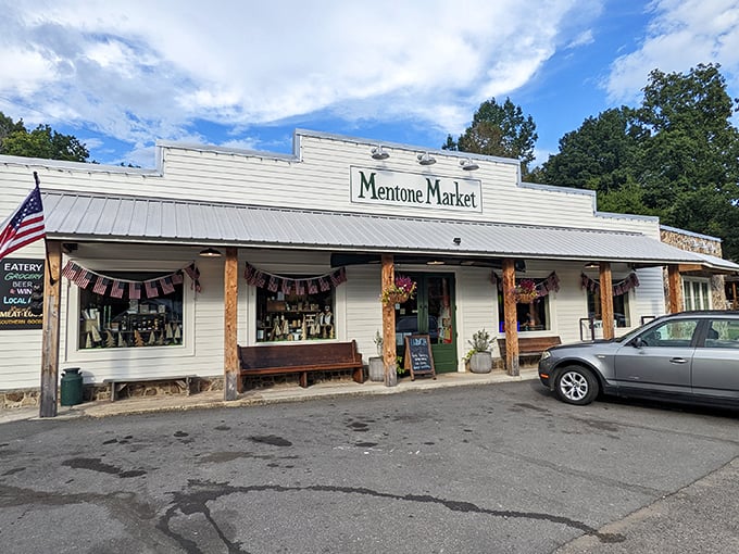The Mentone Market serves as both provisions stop and impromptu community center. That wooden bench out front has heard more local stories than any history book.