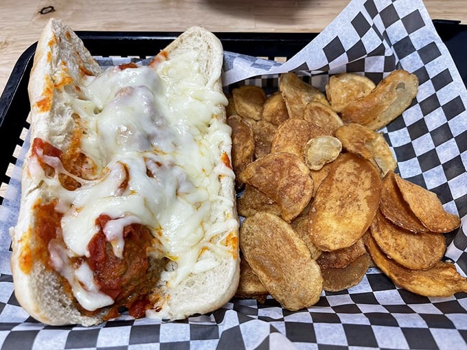 That meatball sub isn't just lunch; it's an afternoon commitment. The melted cheese blanket ensures every bite delivers maximum comfort.