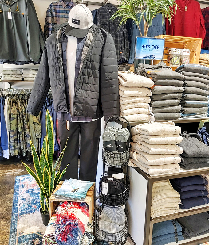 O'Neill's outdoor apparel display showcases 40% off adventure-ready gear, perfect for exploring California's wilderness without exploring the limits of your credit card.