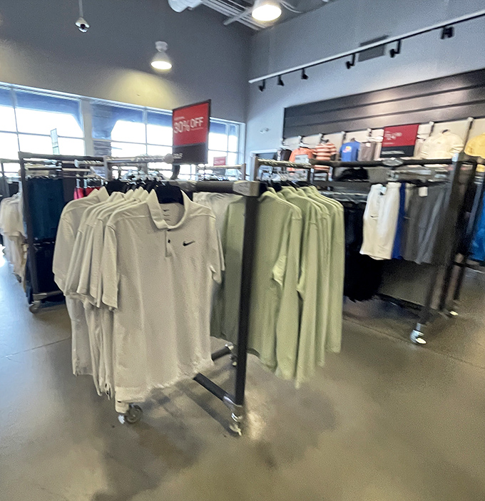 Nike's homeland advantage on display with racks of athletic wear. When shopping in Oregon, it's practically mandatory to buy something swoosh-adorned.