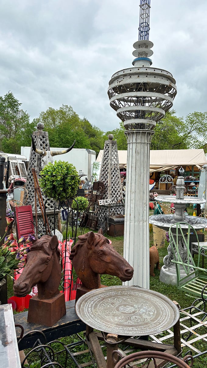 Architectural salvage meets folk art fantasy. Where else can you find horse heads, space-age towers, and vintage metal all in one display?