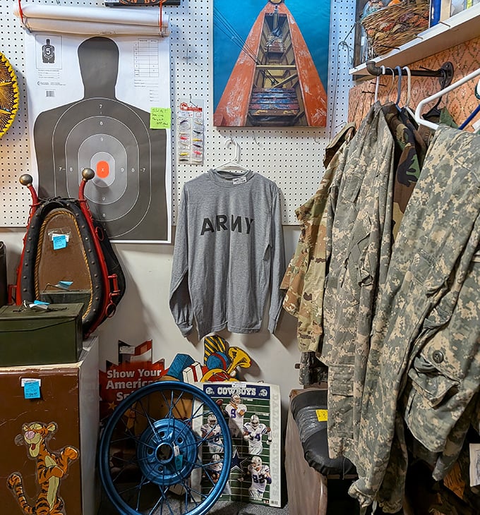 Military memorabilia meets sports collectibles in this patriotic corner. That ARMY shirt has either seen things or is ready for its first mission.