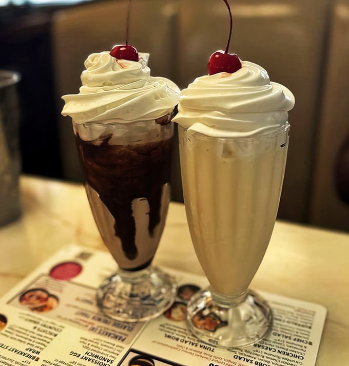 Milkshakes so thick they laugh at straws. These towering beauties, crowned with whipped cream and cherries, are practically wearing tiaras.
