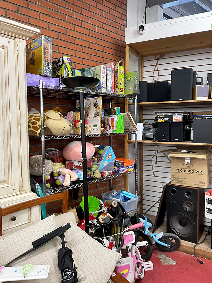 A thrifter's paradise of board games, stuffed animals, and electronics – where yesterday's impulse purchases become tomorrow's bargain finds.
