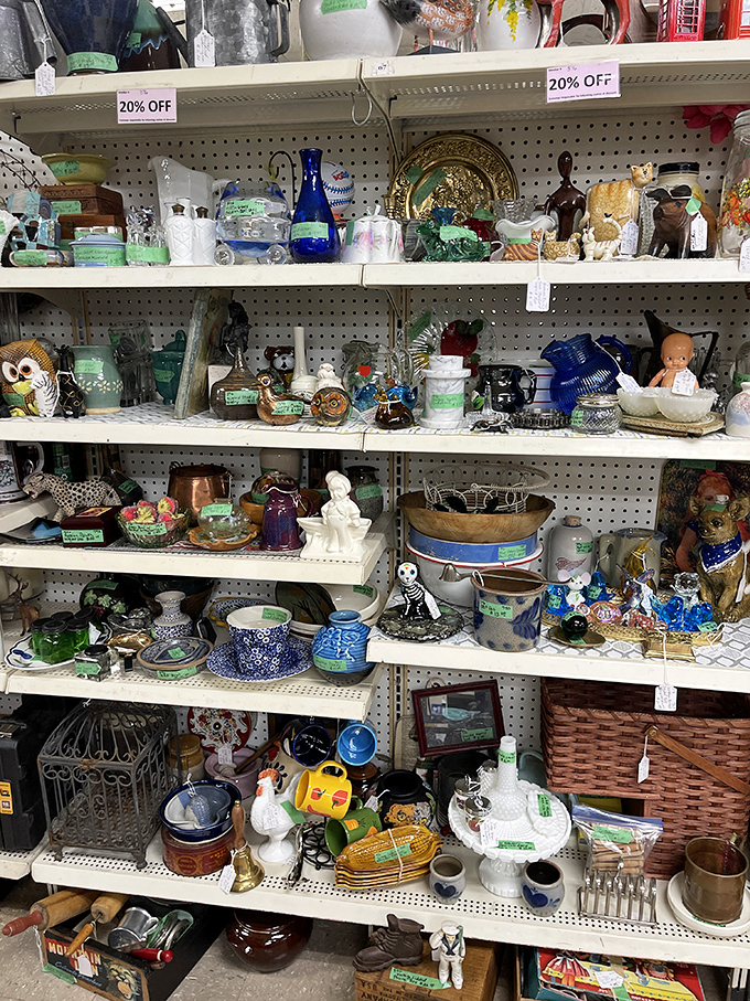Tchotchke heaven! From owl figurines to blue ceramic treasures, this shelf proves one generation's everyday items become another's vintage collectibles.