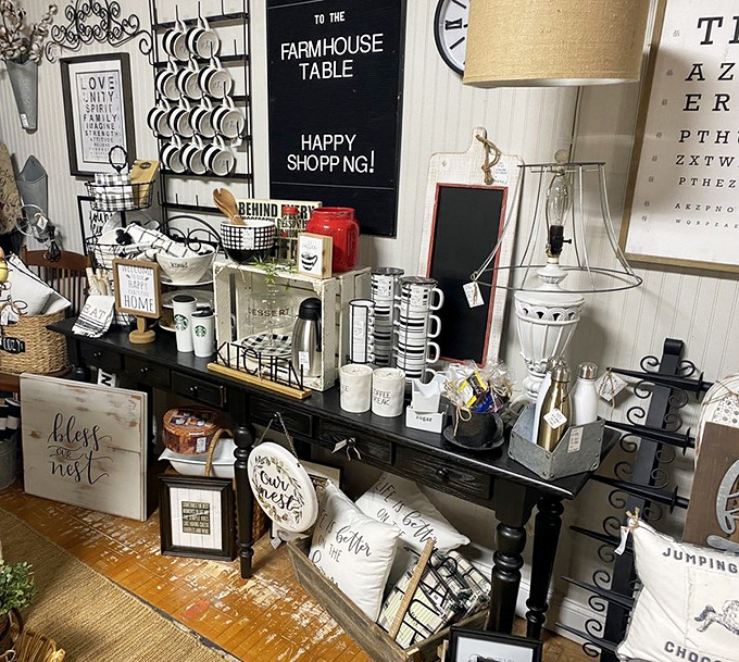 Modern farmhouse meets vintage charm in this display where "Live, Laugh, Love" isn't just a saying&mdash;it's a merchandising strategy.