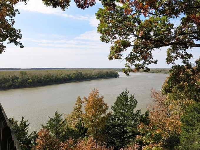 The Missouri River unfolds below the bluffs in autumn splendor, a view that has captivated travelers from Lewis and Clark to today's visitors.
