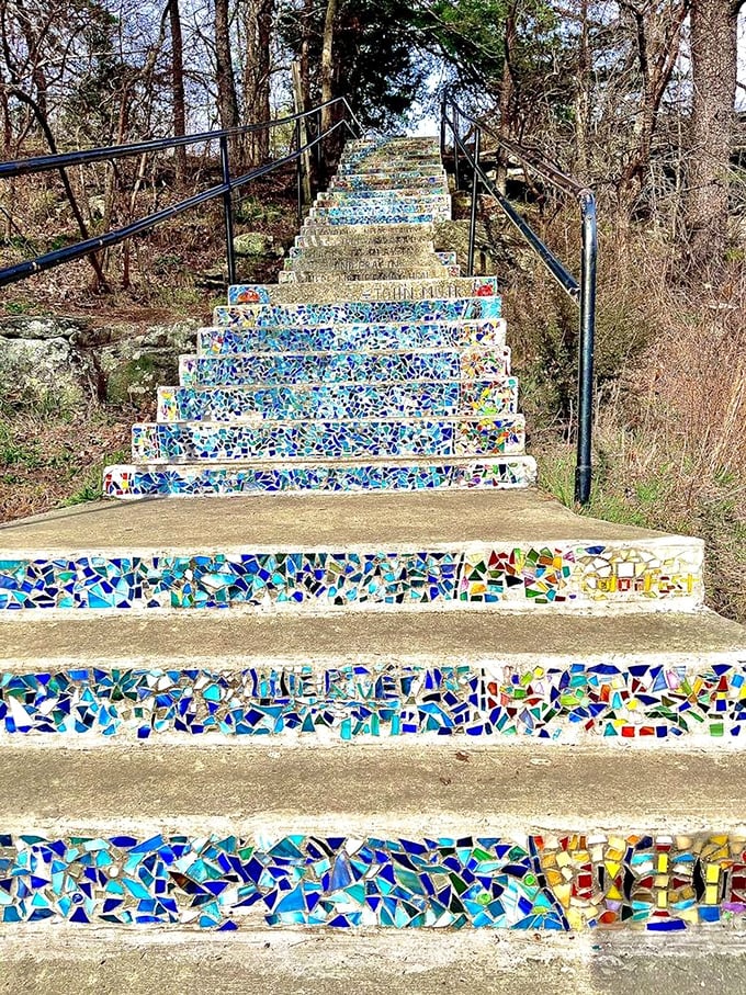Stairway to heaven? These mosaic steps add an unexpected splash of artistic whimsy to your woodland wanderings.
