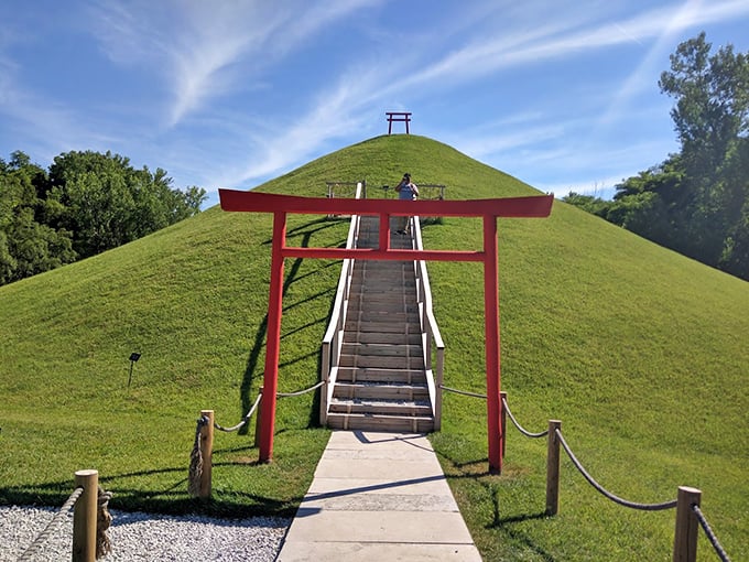 That grassy mound with the torii on top? It's your chance to climb Mount Fuji without the jet lag.