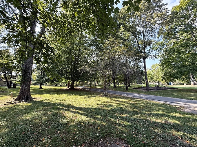 New Harmony's tree-lined parks offer peaceful respite, where dappled sunlight plays through leaves like nature's own stained glass windows.