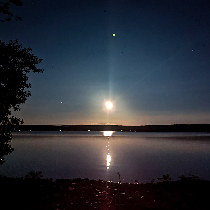 Moonlight transforms the lake into liquid silver, proving nature doesn't need filters to look magical.