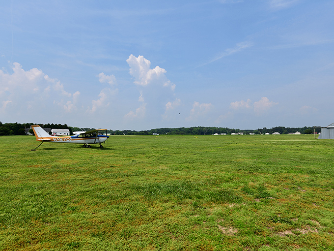 The expansive airfield surrounding the Futuro provides the perfect landing pad for this visitor from architectural history.