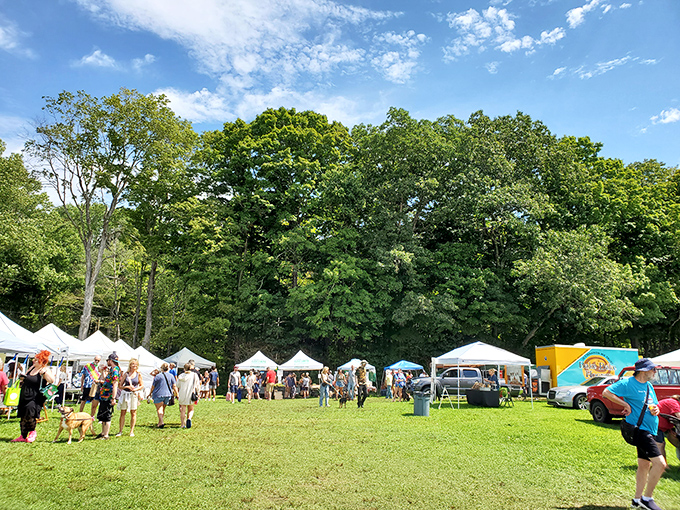 A perfect Connecticut summer day where dogs, shoppers, and vendors mingle under a canopy of ancient trees and blue skies.