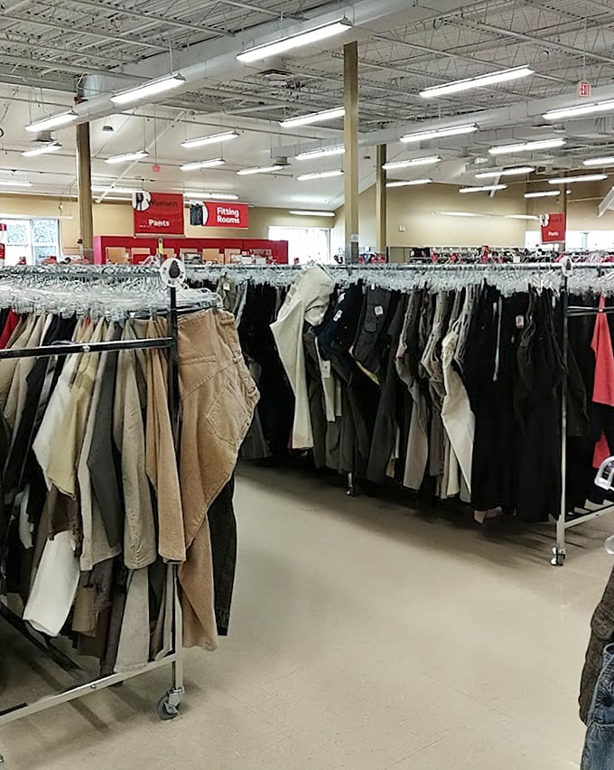 Pants, pants, and more pants &ndash; organized with military precision. Finding your size is like striking gold in this fabric mine.