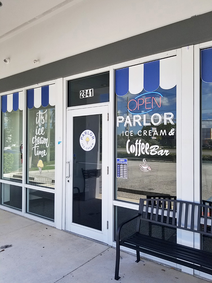 Parlor Ice Cream's cheerful storefront promises sweet relief from Florida heat – the kind of place where calories don't count because you're technically on vacation.