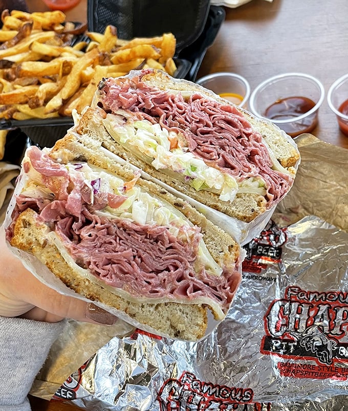 The Sistine Chapel of sandwiches. Layers of pink pastrami and creamy coleslaw create an edible masterpiece that would make Michelangelo put down his paintbrush and pick up a napkin.