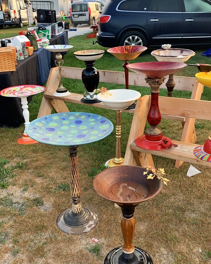 These artful birdbaths and garden pedestals prove one person's castoff becomes another's garden centerpiece. The vibrant colors would brighten any outdoor space.