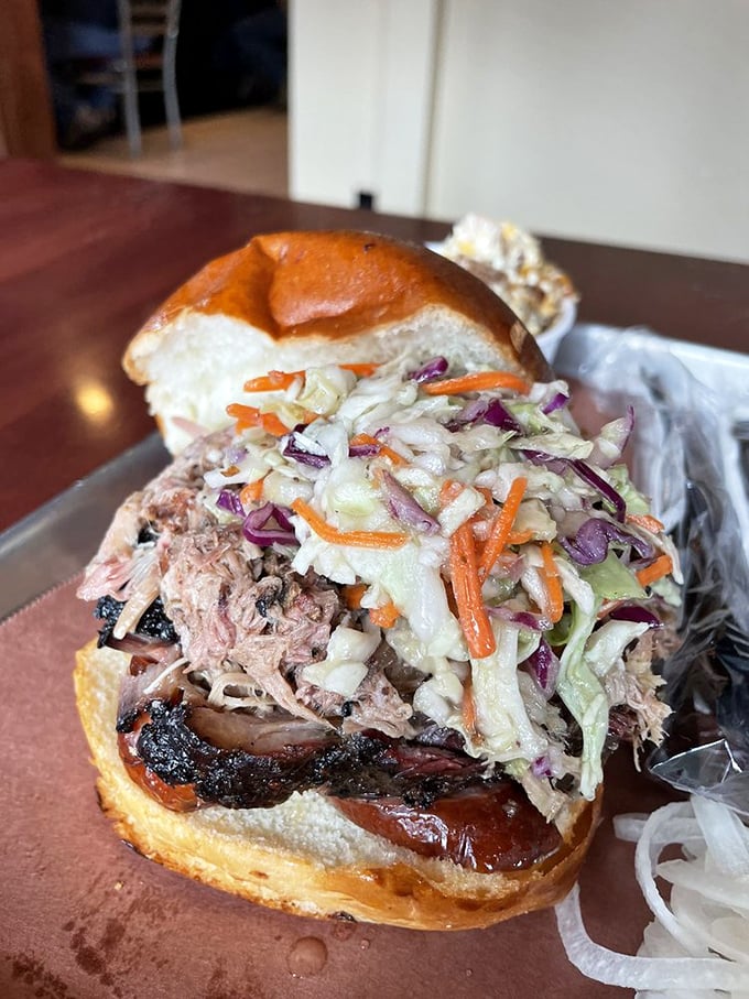 The "Pit Master" sandwich doesn't just satisfy hunger&mdash;it obliterates it. That slaw adds the perfect crisp counterpoint to smoky meat.