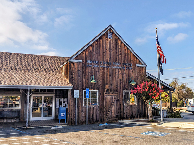 This rustic post office building serves as both a functional mail center and a reminder of San Juan Bautista's frontier town roots.