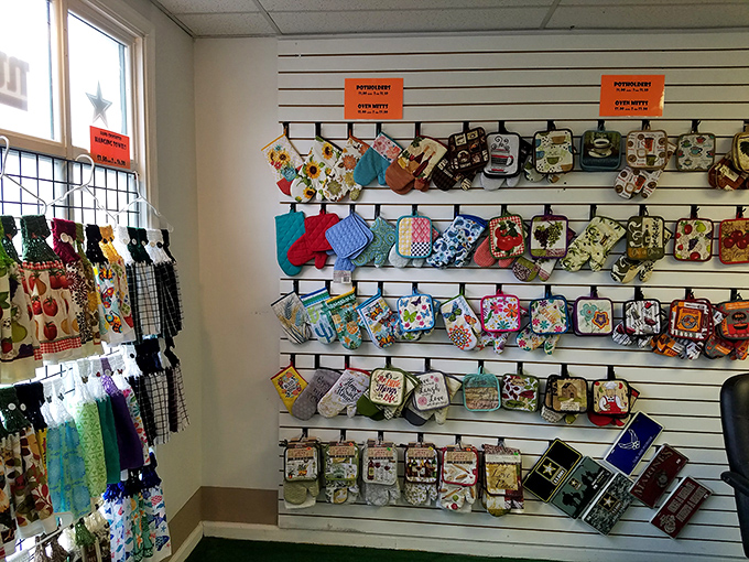 Potholders and kitchen towels in patterns that would make your grandmother nod approvingly while sipping her afternoon tea.