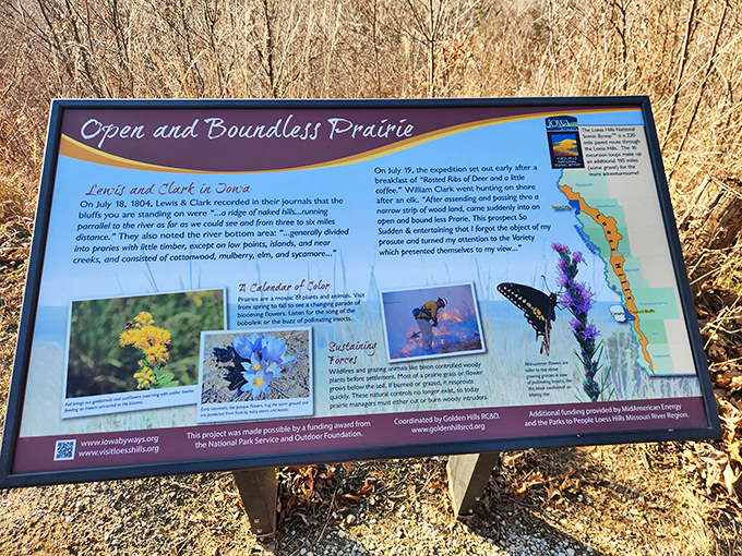 Educational signage brings prairie history to vibrant life. Lewis and Clark would appreciate this colorful CliffsNotes version of their epic journey.