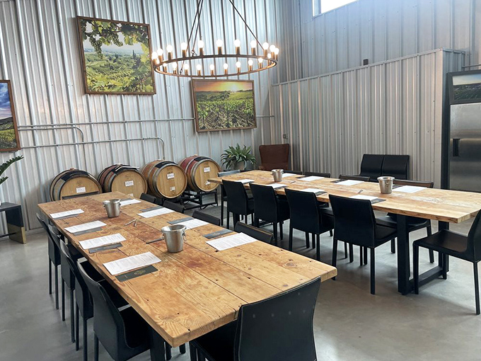 Rustic wooden tables and barrel accents create the perfect setting for serious wine education – or just seriously good conversation.