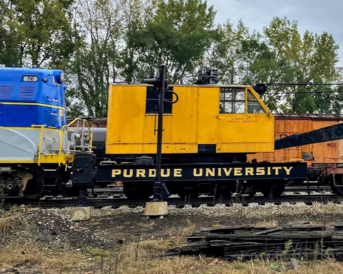Even Purdue University played a role in Indiana's railroad story, as evidenced by this bright yellow maintenance vehicle that once kept the Boilermaker rails in working order.
