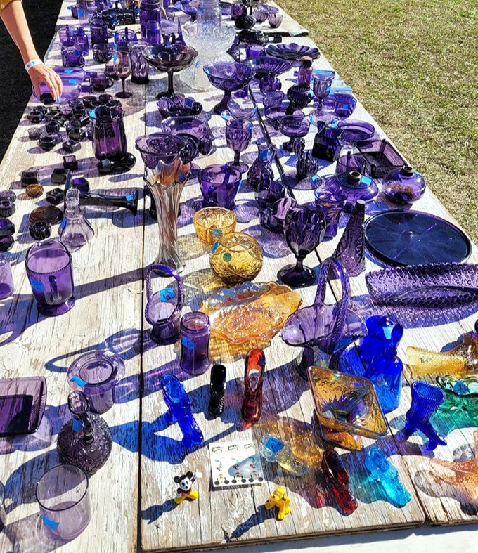 Purple glassware catching sunlight like edible jewels. Grandmother's collection meets hipster wedding decor in this violet vision.