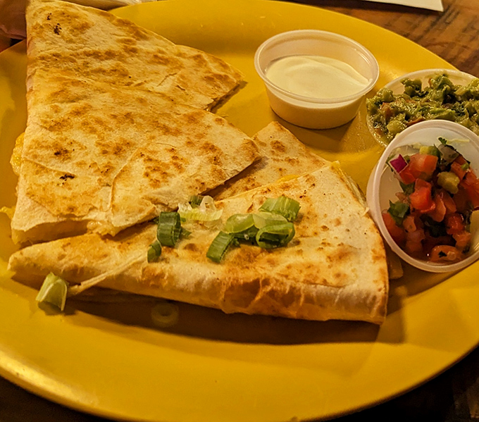 This quesadilla has achieved that perfect golden-brown exterior that makes the same sound as happiness when you bite into it.