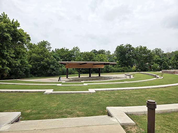 Railyard Park's amphitheater waits for the next community gathering like an empty stage before a play. The grass is practically begging for blankets and picnic baskets.