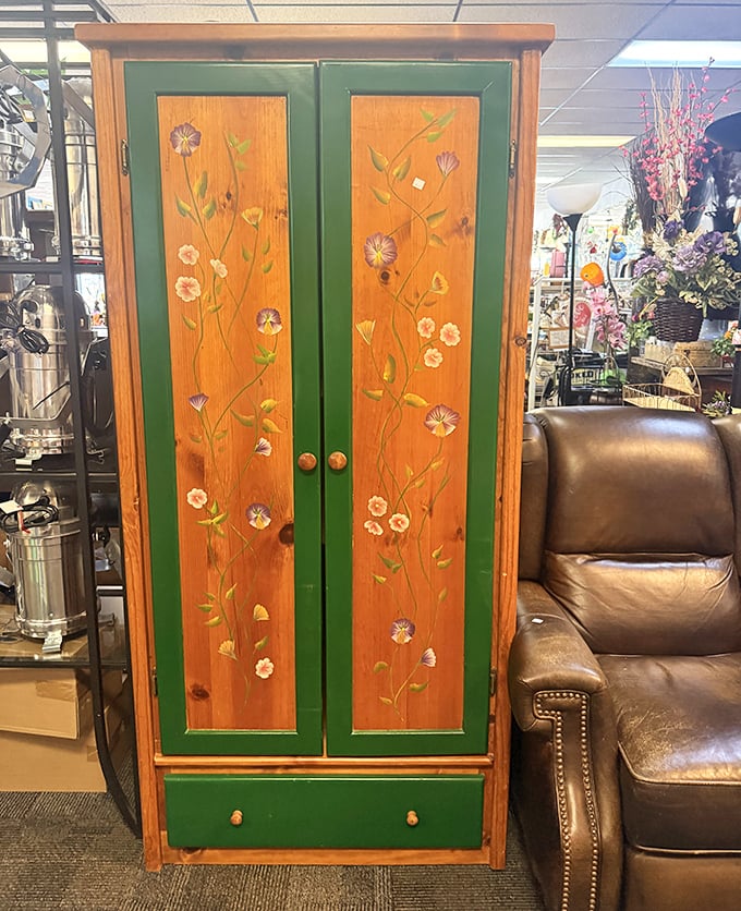 That hand-painted cabinet isn't just furniture &ndash; it's functional folk art waiting to become the statement piece in your dining room.