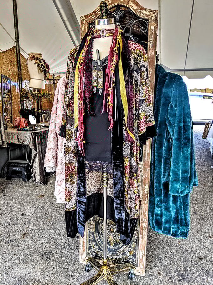 Vintage bohemian meets runway-ready in this eclectic clothing display. That blue fur coat is calling your name!