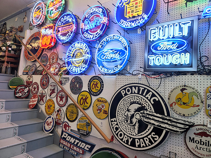 Neon signs illuminate the past with electric nostalgia, transforming corporate logos into art that would make Andy Warhol nod in approval.