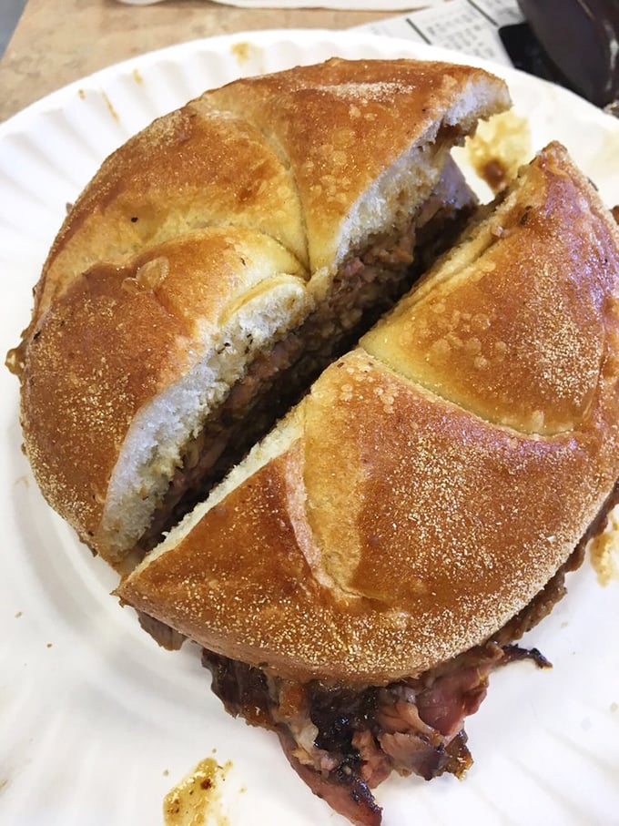 The holy trinity of bread, meat, and cheese comes together in this roast beef sandwich that's worth crossing state lines for. Golden-crusted roll cradles perfectly seasoned beef in a harmony that makes taste buds sing.