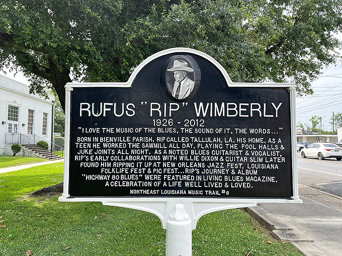 Blues legend Rufus "Rip" Wimberly's historical marker celebrates Tallulah's rich musical heritage, proving cultural treasures often grow in the most unassuming places.