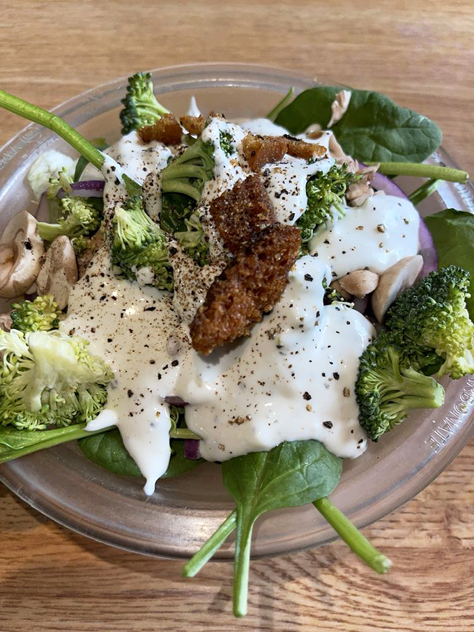 A fresh salad that doesn't apologize for being healthy – loaded with broccoli, spinach and creamy dressing for those who need a vegetable intermission.